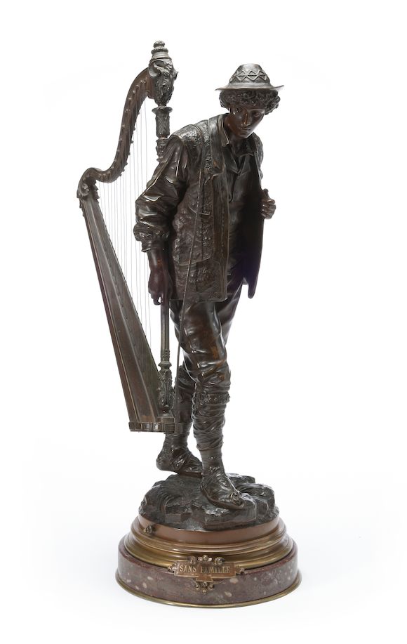 Bonhams : A French patinated bronze figure of a harpist Sans ...