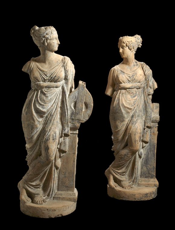 Bonhams : A pair of French Neoclassical tinted terracotta figures of ...