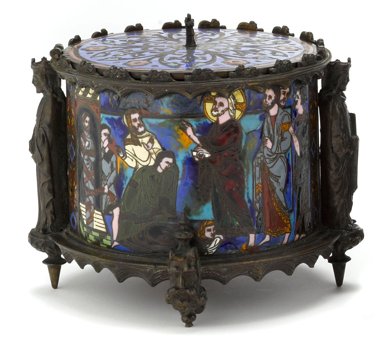 Bonhams : A patinated bronze and enameled cylindrical covered vessel in 13th century Limoges ...