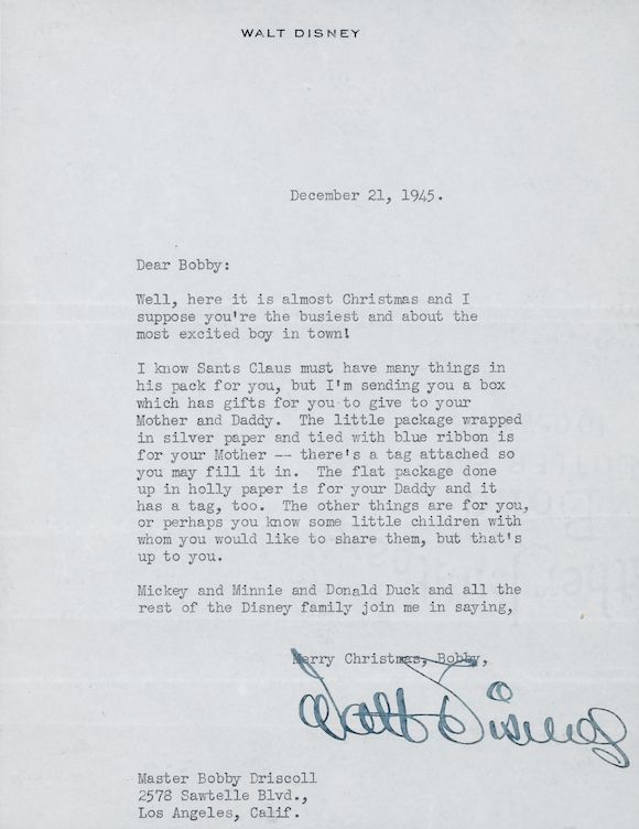 Bonhams : A Walt Disney typed letter signed to Bobby Driscoll