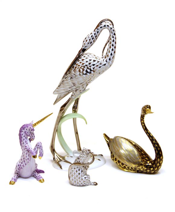 Bonhams : Four Herend porcelain animals in the Fishnet pattern