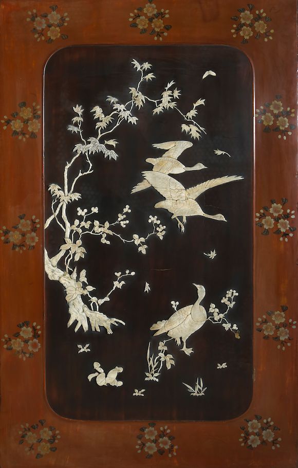 Bonhams : A pair of export lacquered wood decorative panels with bone ...