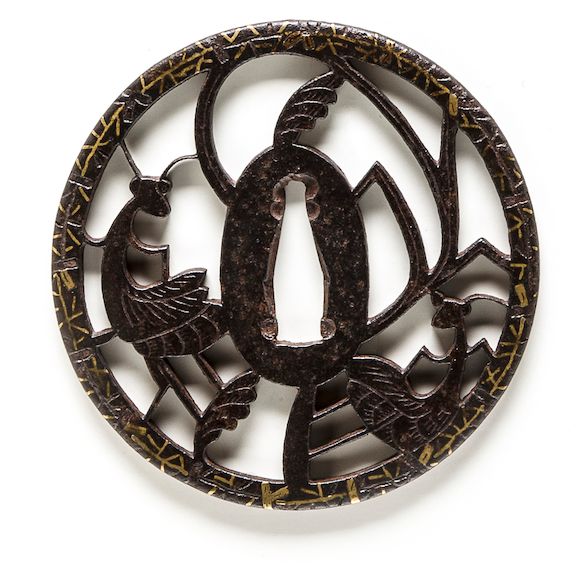 Bonhams : Heianjo tsuba with prayin mantis and Hozon certificate