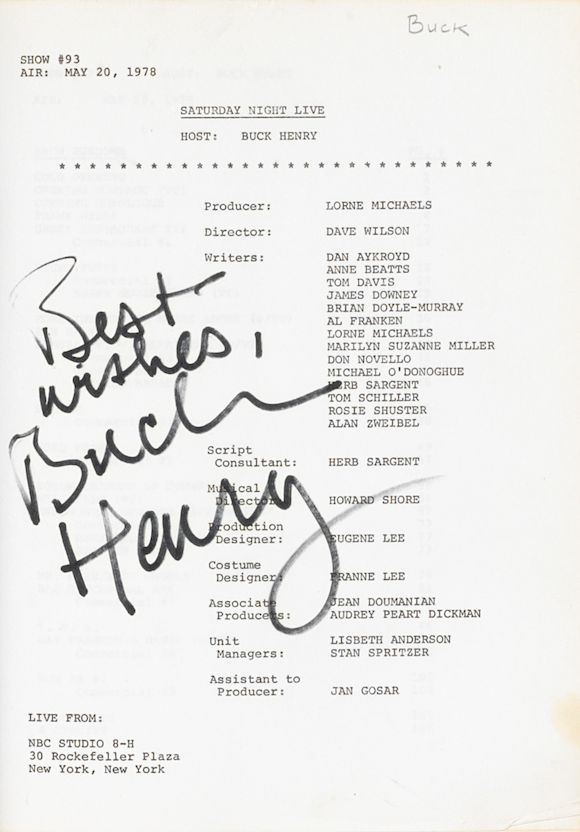 Bonhams : A Buck Henry signed Saturday Night Live script, 1978