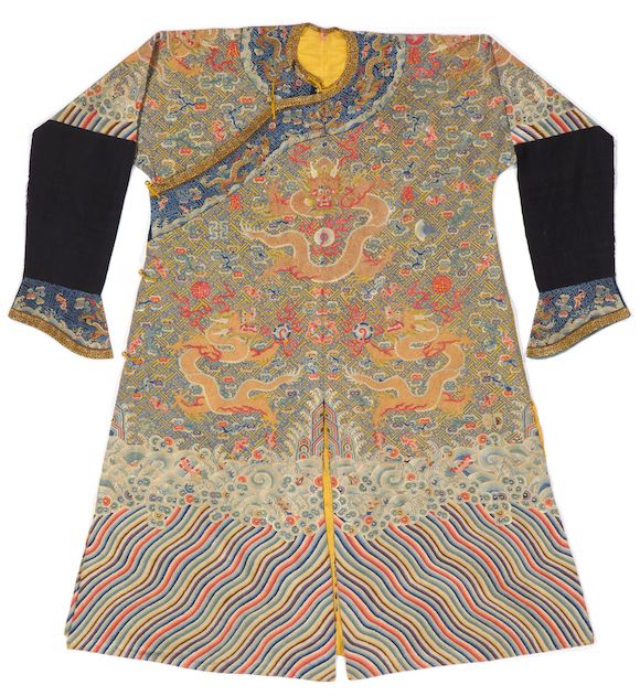 Bonhams : An imperial yellow embroidered silk twelve-symbol dragon robe ...