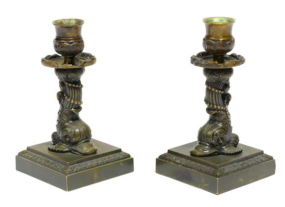 Bonhams : A pair of French patinated bronze candlesticks first half ...