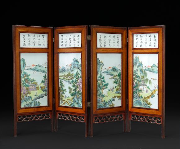 Bonhams : A small four-panel wood table screen mounted with enameled ...