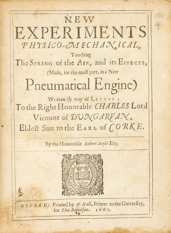 Bonhams : BOYLE, ROBERT. 1627-1691. New Experiments Physico-Mechanical ...