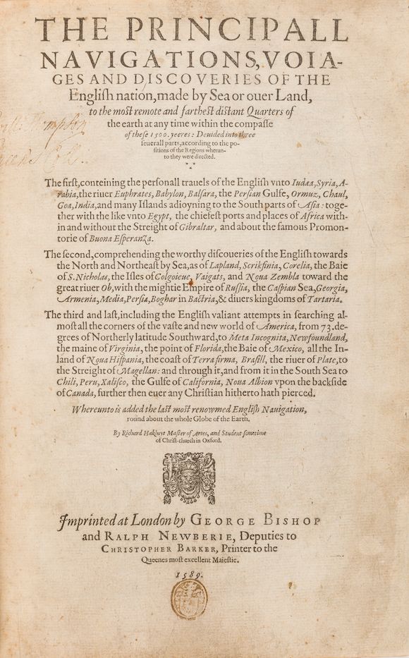 Bonhams : HAKLUYT, RICHARD. c.1552-1616. The Principall Navigations ...