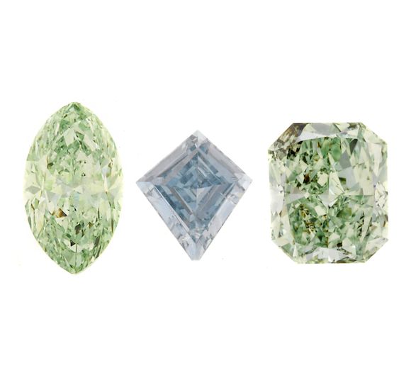 Bonhams : A collection of three unmounted fancy intense colored diamonds