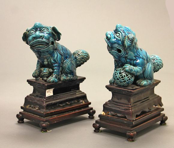 Bonhams : A pair of Chinese export turquoise blue glazed fu dogs 18th ...