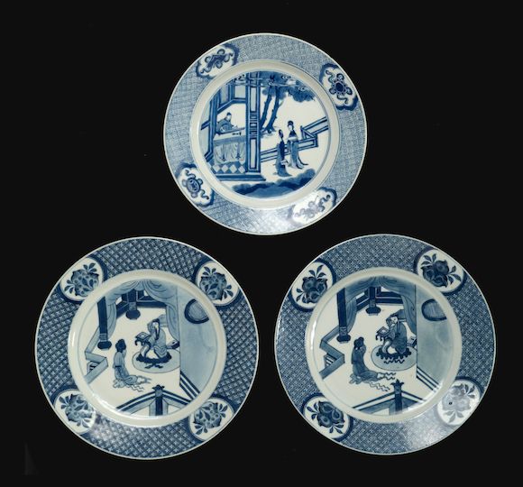 Bonhams : A group of three blue and white export porcelain dishes ...