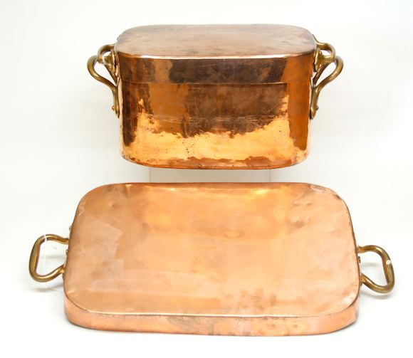 Bonhams : A copper and brass two handled covered rectangular pot and ...