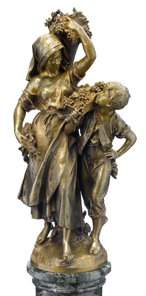 Bonhams : A French gilt bronze figural group on a marble column after a ...