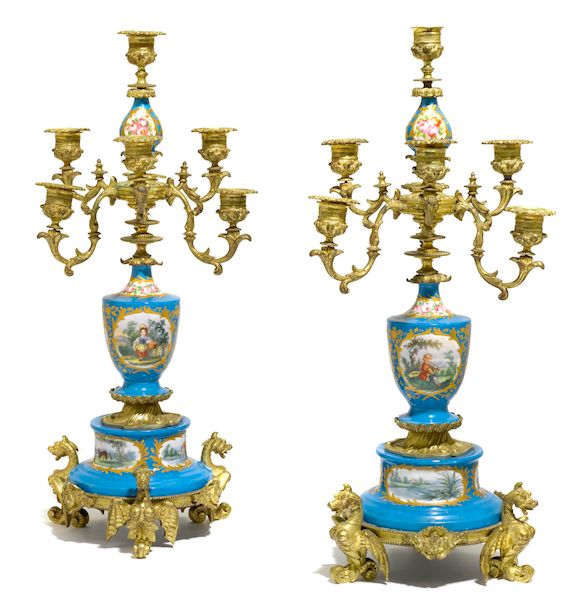 Bonhams : A pair of Sèvres style porcelain gilt bronze mounted seven ...