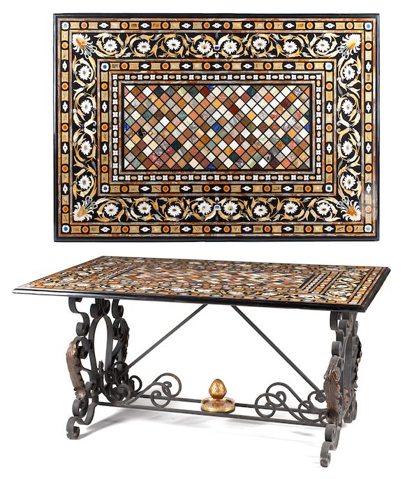Bonhams : A Baroque style pietra dura and parcel gilt wrought iron ...