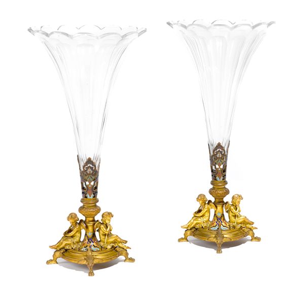 Bonhams : A pair of French gilt bronze, champlevé enamel and glass ...
