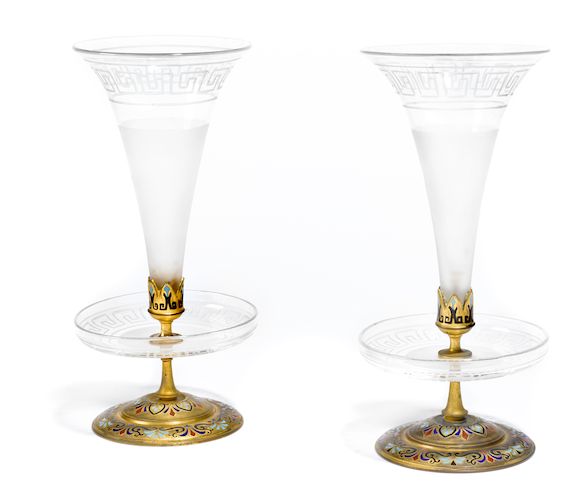 Bonhams : A near pair of French champlevé enamel gilt bronze and acid ...