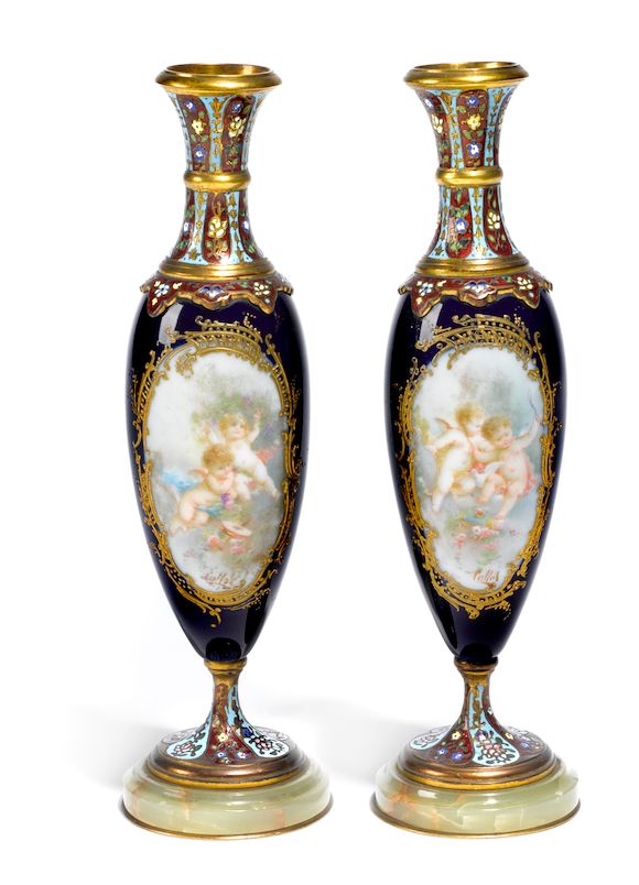 Bonhams : A pair of French champlevé enamel gilt bronze mounted ...