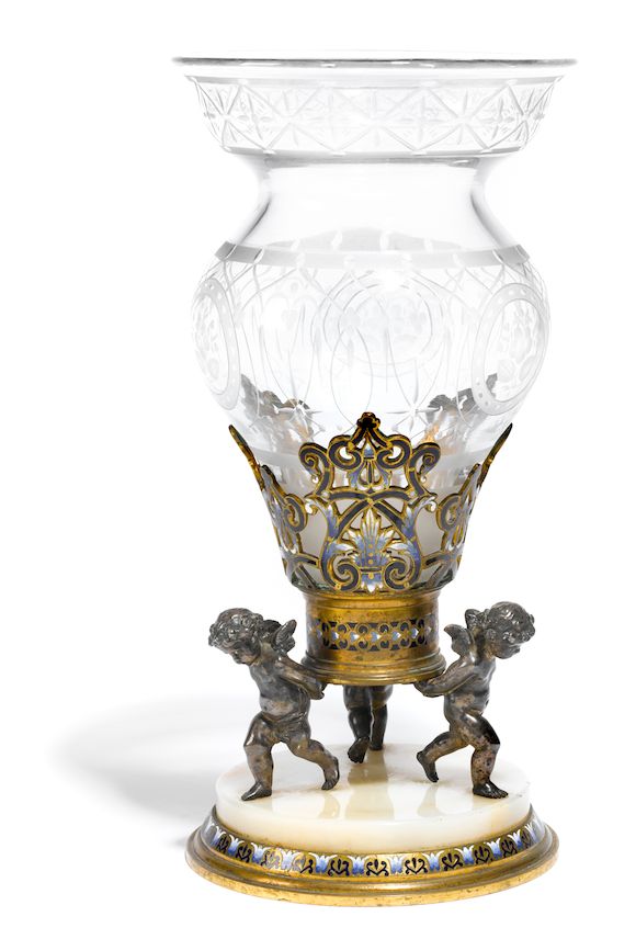 Bonhams : A French gilt and silvered bronze champlevé enamel and glass ...