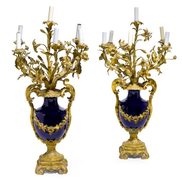 Bonhams : A pair of Sèvres style porcelain gilt bronze mounted five ...