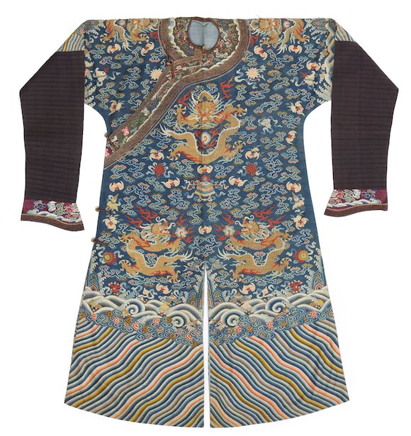 Bonhams : A kesi-woven blue silk dragon robe 19th century