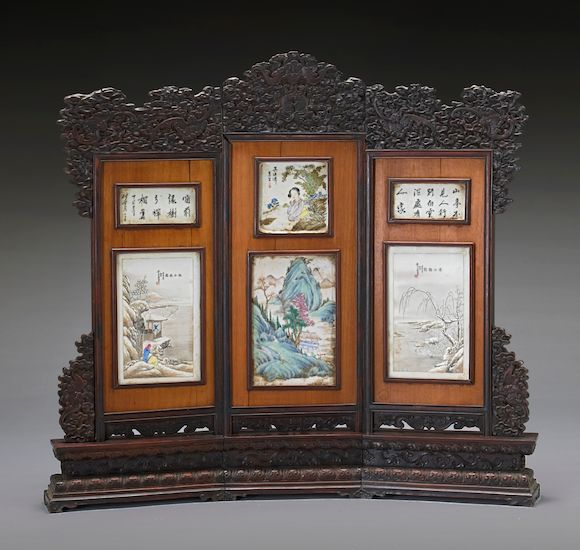 Bonhams : A hardwood three-panel table screen with enameled porcelain ...