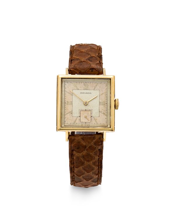 Bonhams : Movado. A 14K gold patent waterproof square wristwatchCase no ...