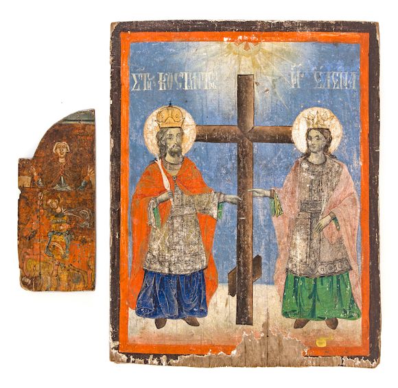Bonhams : A Greek Icon of Sts. Konstantin and Elena and a fragment of ...