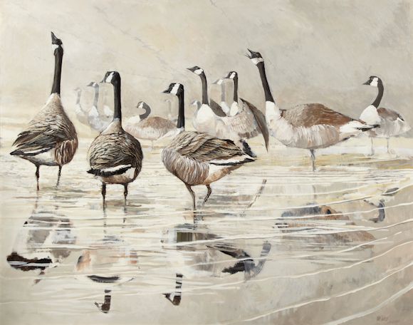 Bonhams : Ken Turner (British, 20th Century) Geese in shallow water ...