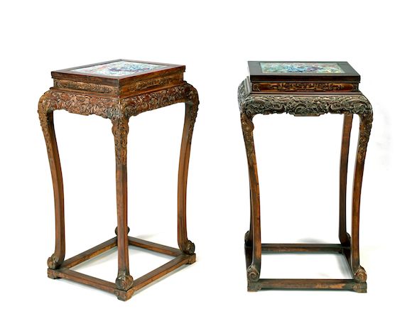 Bonhams : A pair of cloisonne mounted hongmu side tables 19th/20th century