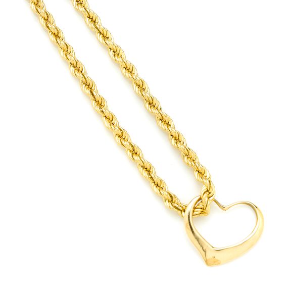 Bonhams : An 18k gold rope chain with a gold heart pendant
