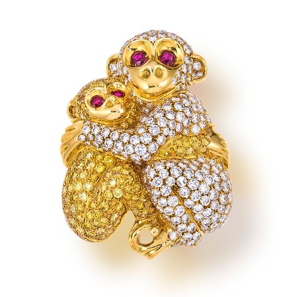 Bonhams : A colored diamond and diamond monkey brooch
