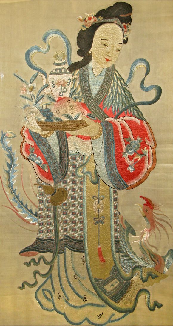 Bonhams : An embroidered silk panel of the female immortal Magu ...