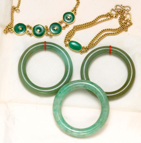Bonhams : A collection of five jadeite jade and high-karat gold infant ...