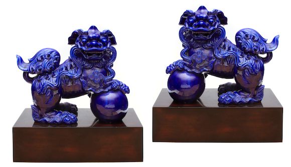 Bonhams : A pair of blue glazed porcelain fu lions