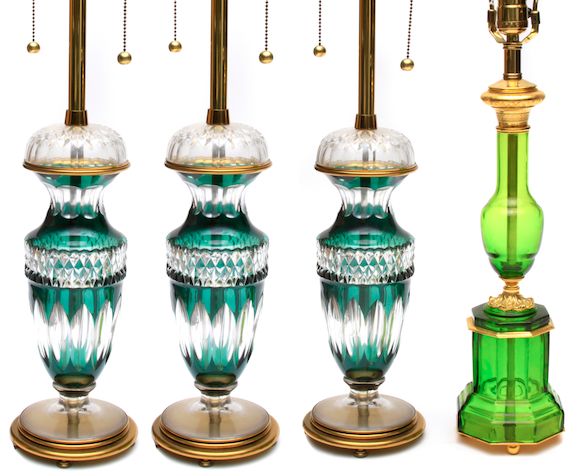 Bonhams : A set of three Continental green to clear flash glass table lamps