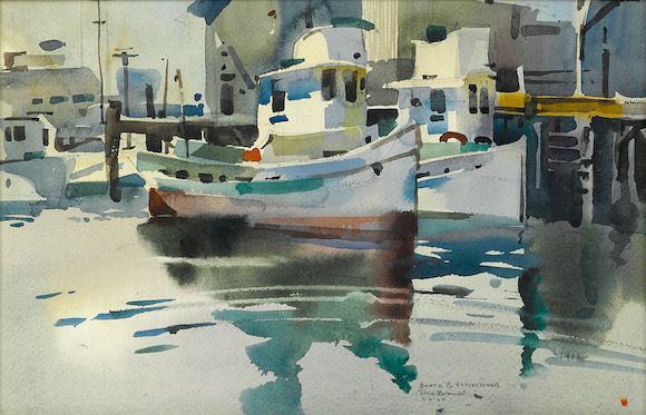 Bonhams : Rex Brandt (American, 1914-2000) Boats & Reflections 12 x 19in