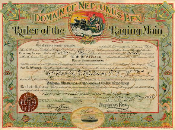 Bonhams : A Neptune's certificate given on board U.S.S. Arizona May ...