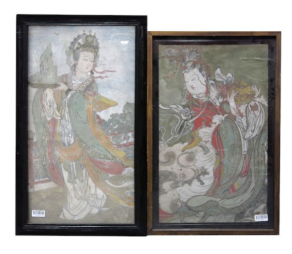 Bonhams : Two polychrome painted plaster wall fragments from a temple mural