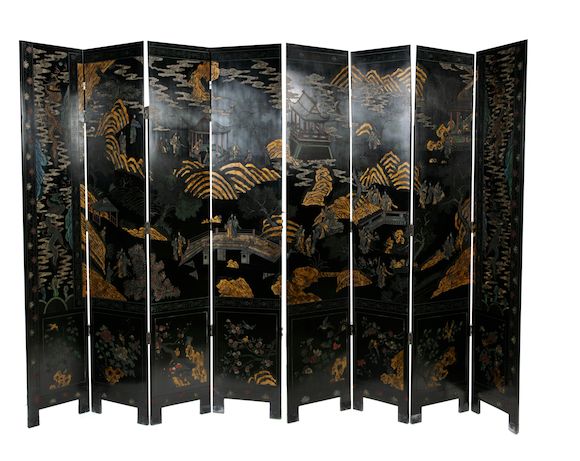 Bonhams : A Chinese eight-panel wood floor screens