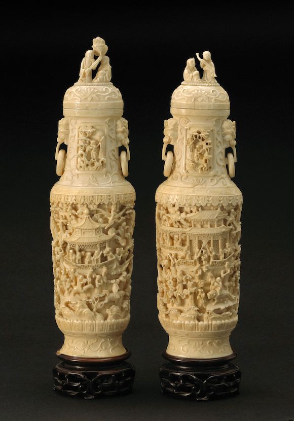 Bonhams : A pair of carved ivory vases Republic period