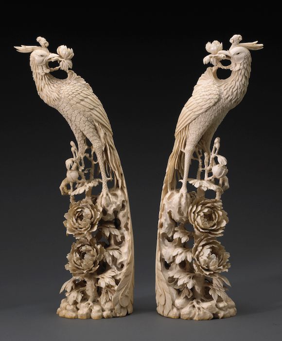 Bonhams : A pair of ivory models of phoenix 20th century