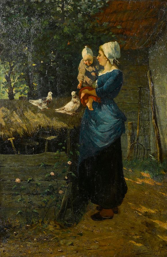 Bonhams : French School A peasant woman and child in a farmyard 32 x 21 ...