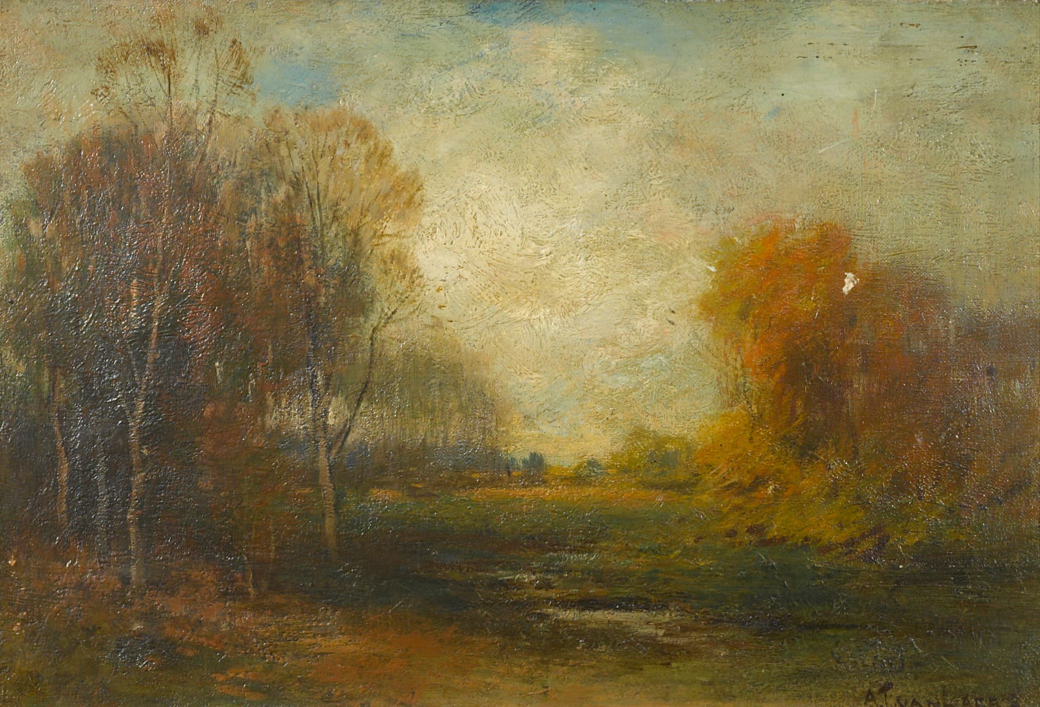 Bonhams : Alexander Theobald van Laer (American, 1857-1920) Landscape Evening, Early Spring 12 x ...