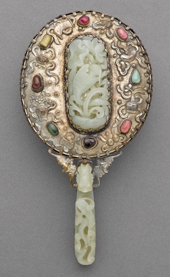 Bonhams : A jade and hardstone mounted silverplated copper hand mirror ...