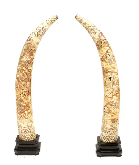 Bonhams : A pair of Chinese bone veneered tusk form decorations