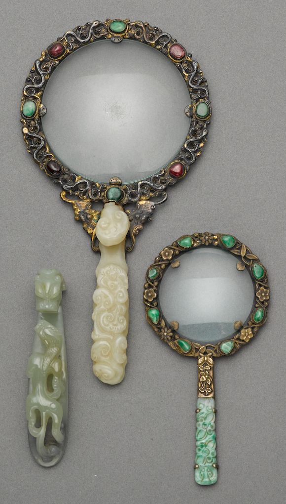 Bonhams : Two jade and silver mounted magnifying glasses