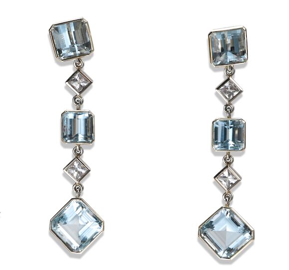 Bonhams : A pair of aquamarine and white sapphire earclips, Frank Ancona