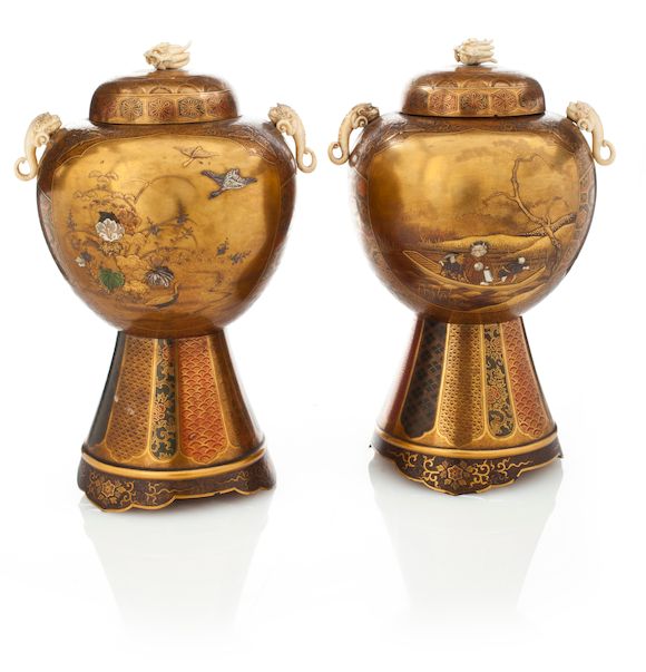 Bonhams : A pair of Shibayama lacquer vases and covers Meiji period ...